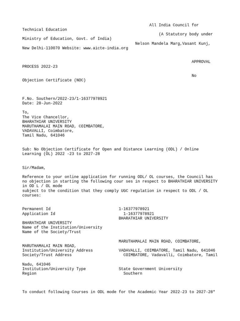 AICTE NOC for Bharathiar University ODL/OL Courses | PDF