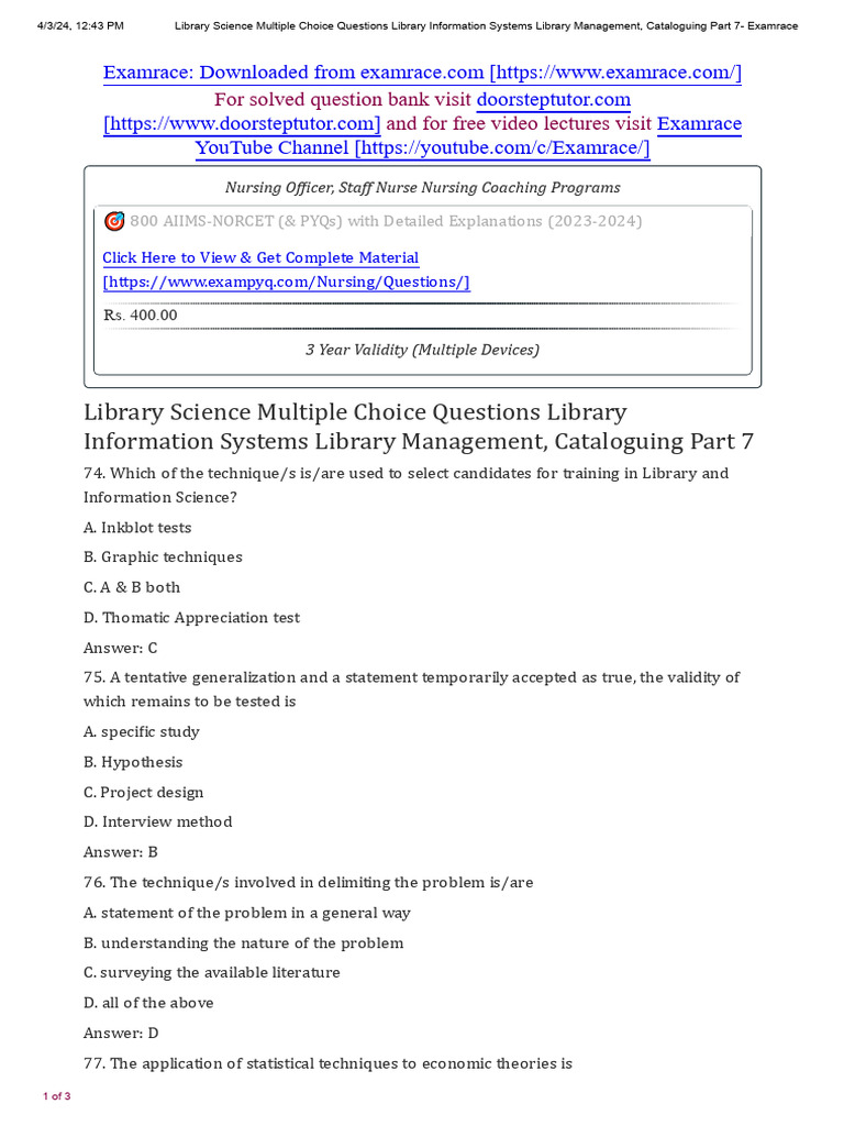 Library Science MCQs Part 7 | PDF | Scientific Method | Multiple Choice