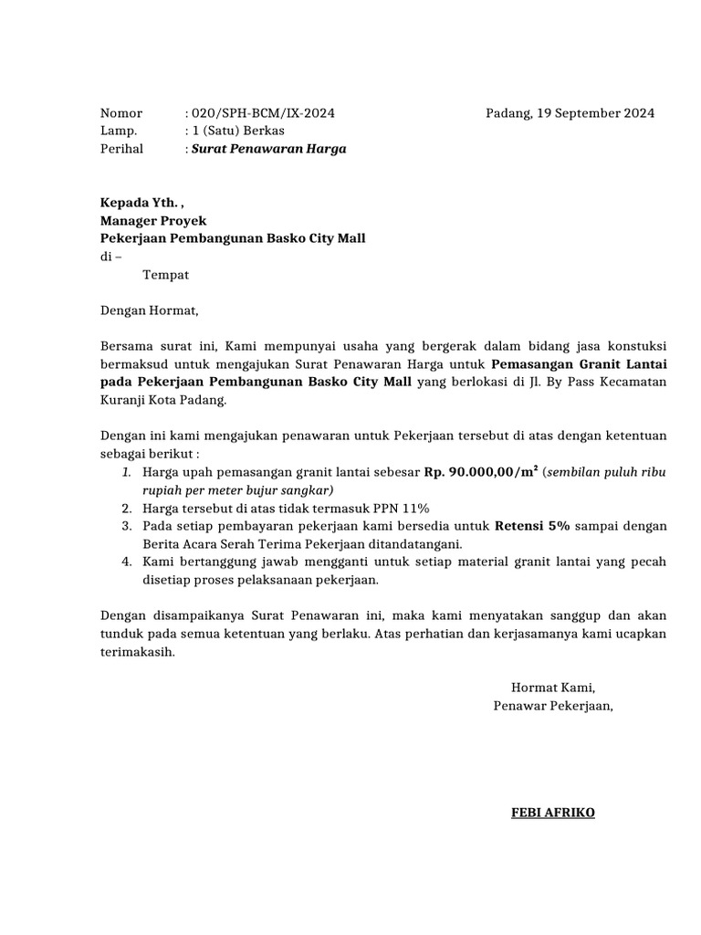 Surat Penawaran Harga BCM | PDF