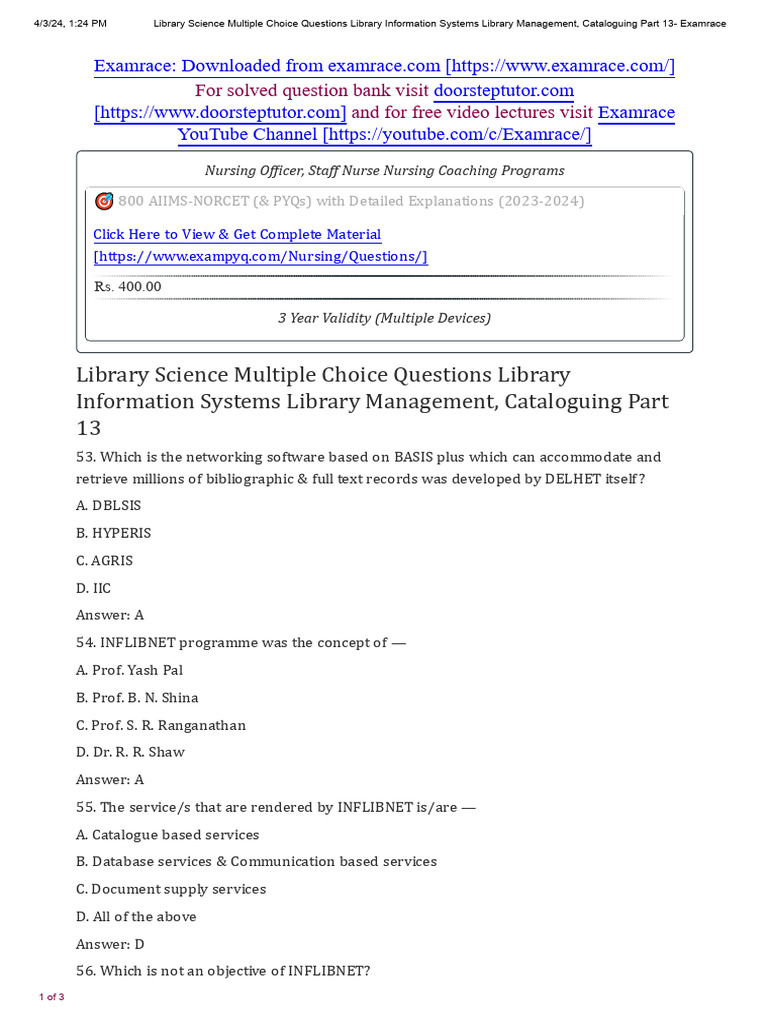 Library Science MCQs Part 13 | PDF | Libraries | Information Science