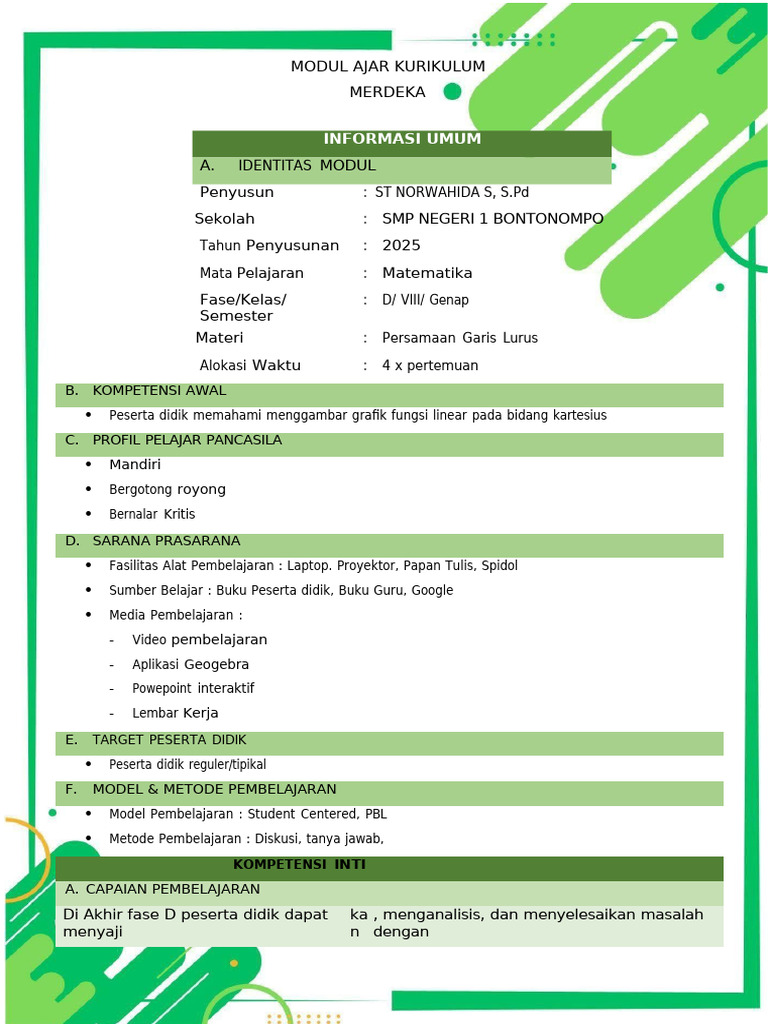 Modul Ajar Matematika - Persamaan Garis Lurus - Fase D | PDF