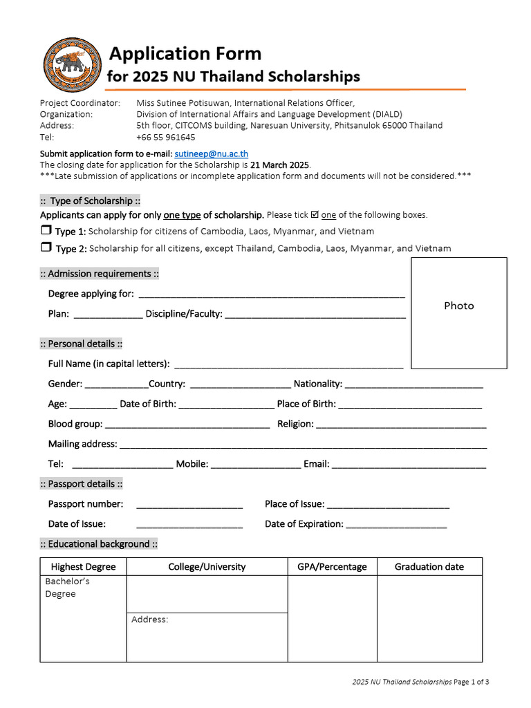 NU Application Form For 2025 Thailand Scholarships | PDF
