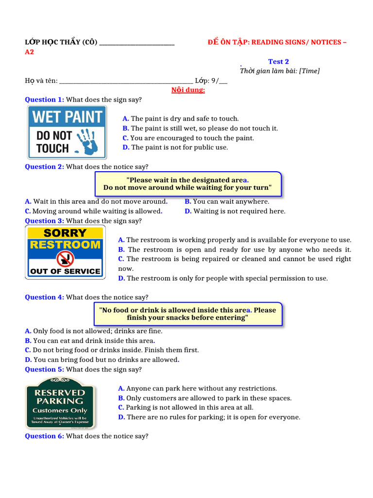 Reading Signs and Notices Test | PDF