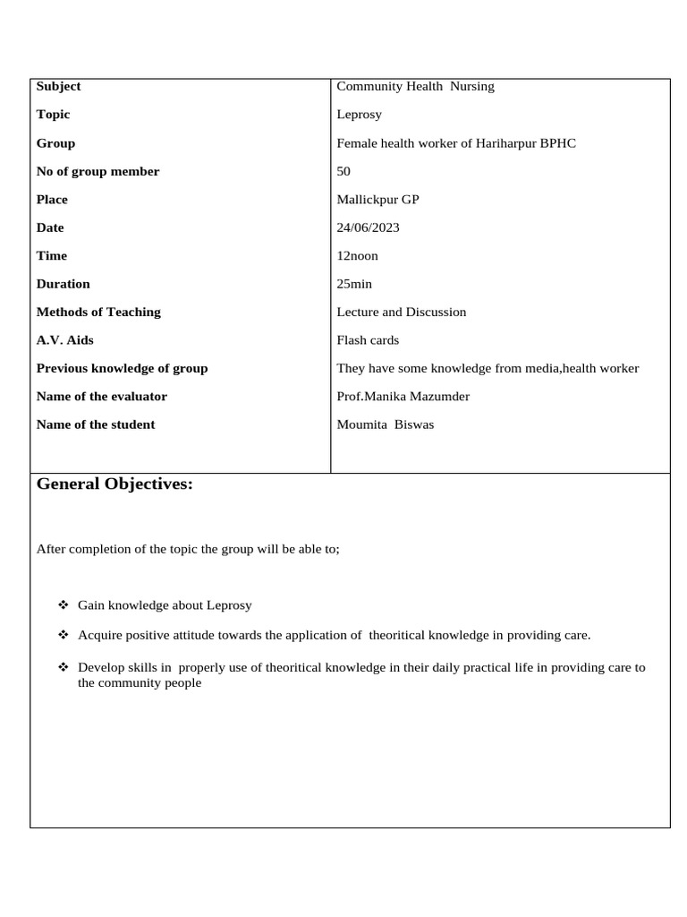 Lesson Plan On Awareness Pograme | PDF | Leprosy | Infection