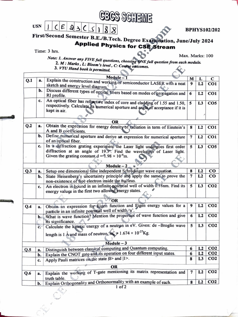 Previous Year Physics QP | PDF | Matrix (Mathematics) | Laser