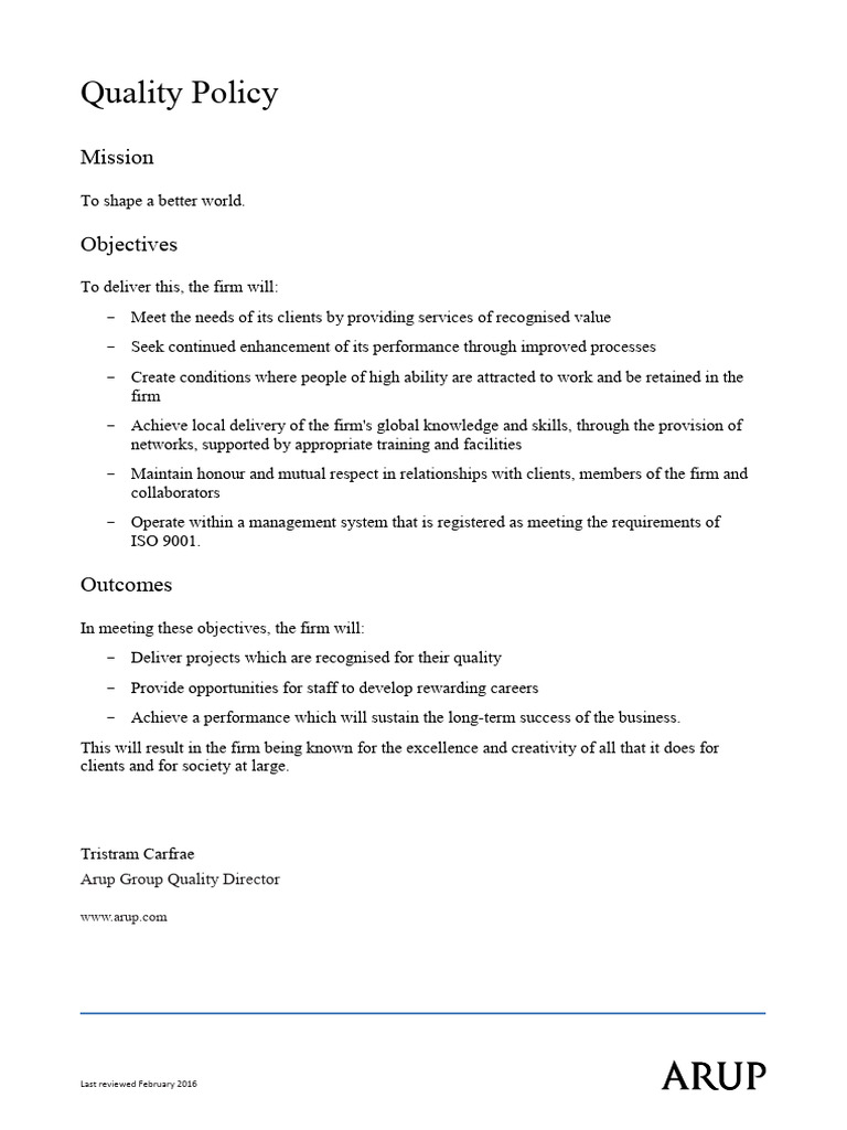 Arup Group Quality Policy Overview | PDF