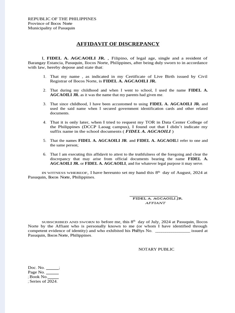 Affidavit of Name Discrepancy in Philippines | PDF