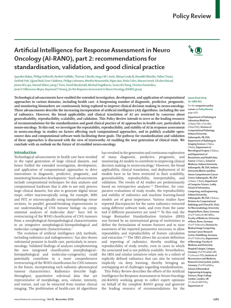 Artificial Intelligence for Response Assessment in Neuro Oncology (AI-RANO), part 2 ...