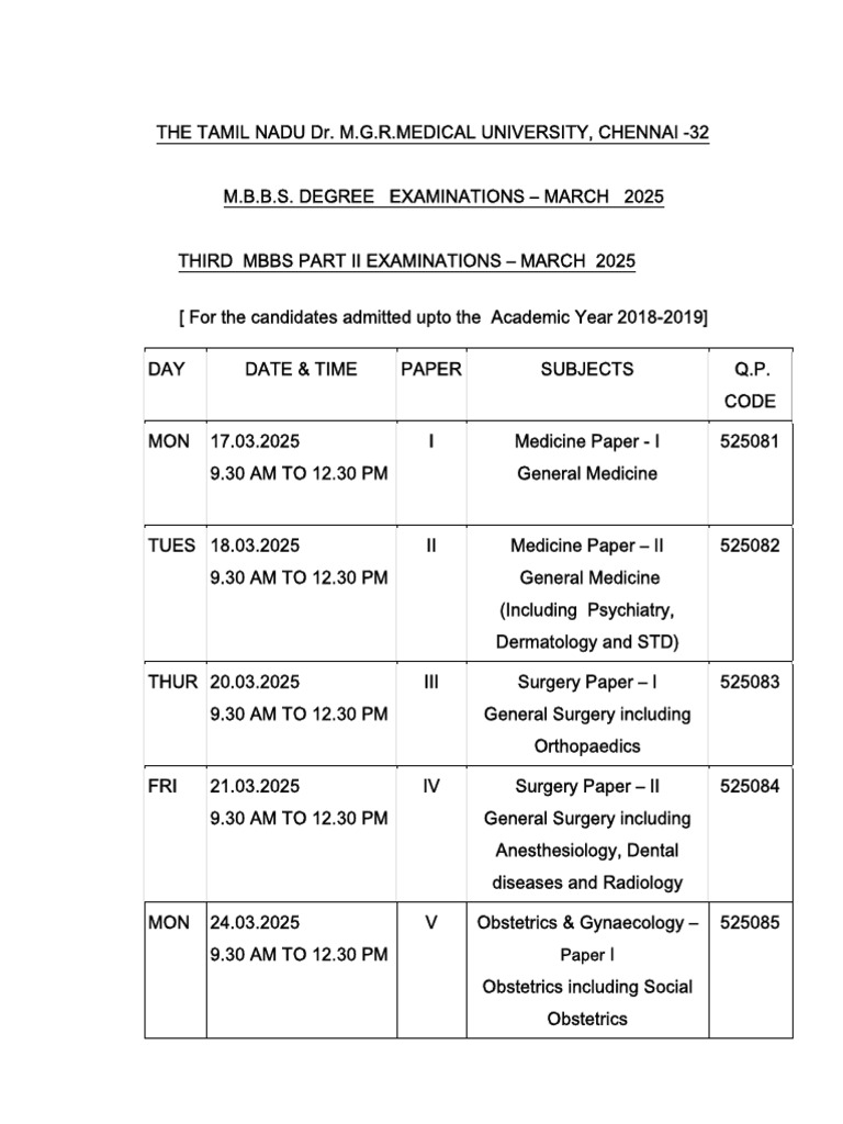 M.G.R. University MBBS Exam Schedule 2025 | PDF | Medical School ...