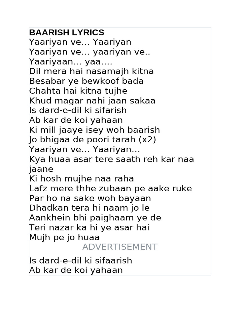 Baarish Lyrics | PDF