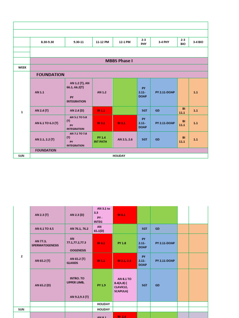 KMC MBBS Phase I Time Table | PDF | Human Anatomy | Musculoskeletal System