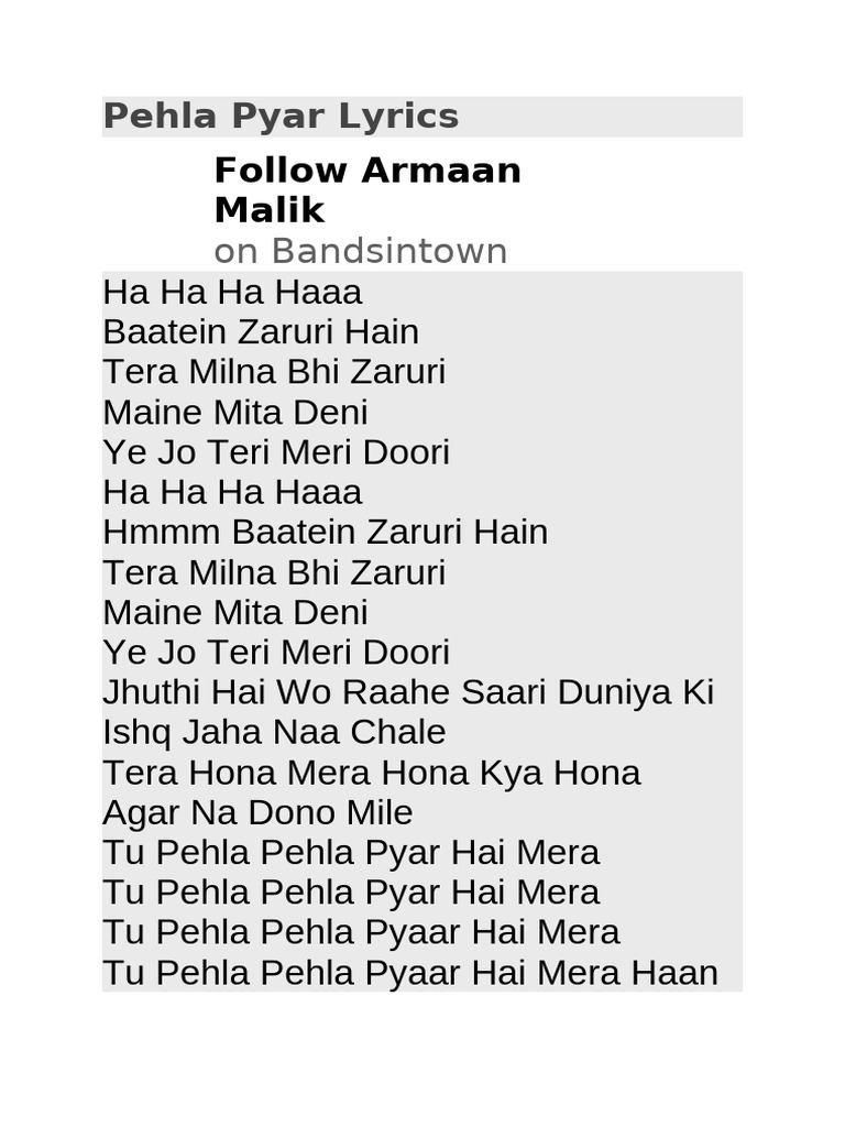 Pehla Pyar Lyrics | PDF
