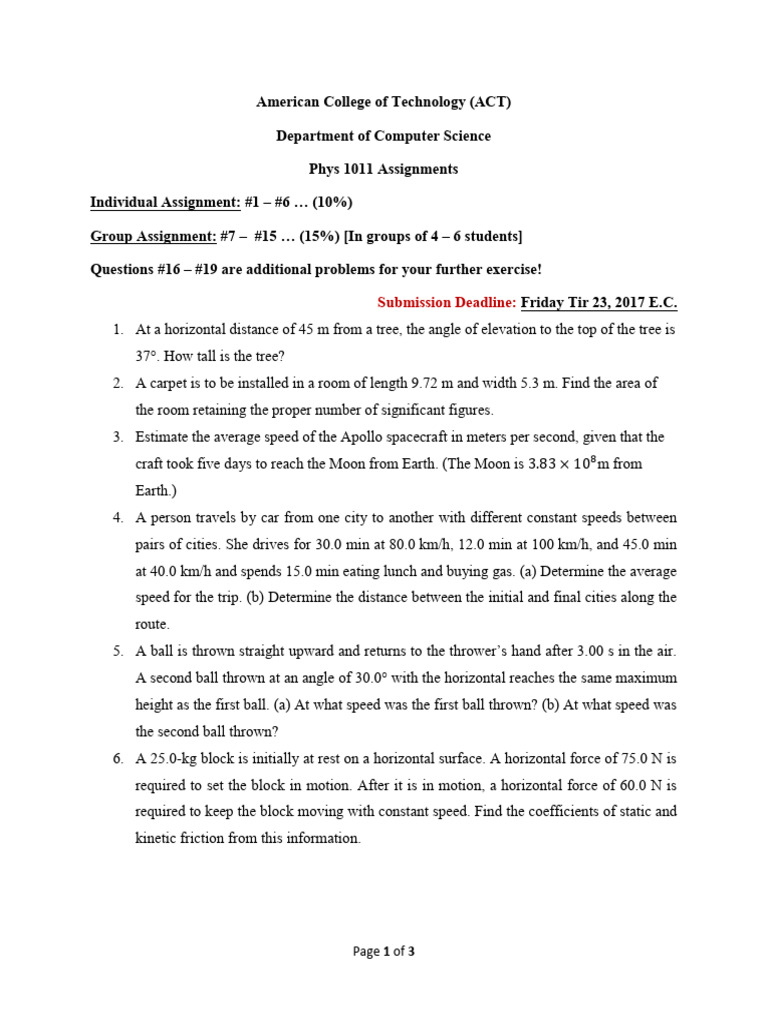 Phys 1011 Assignments ACT 2017 | PDF | Force | Velocity