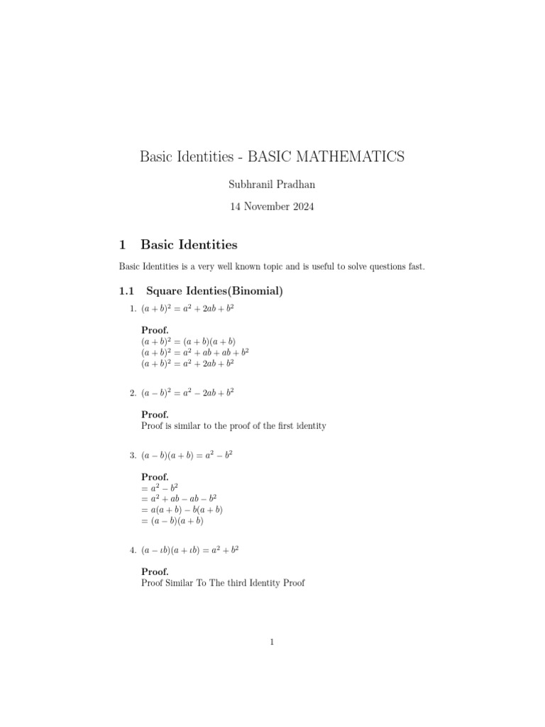 Basic Identities Basic Mathematics HANDOUTS Subhranil Pradhan | PDF | Mathematical Proof | Numbers