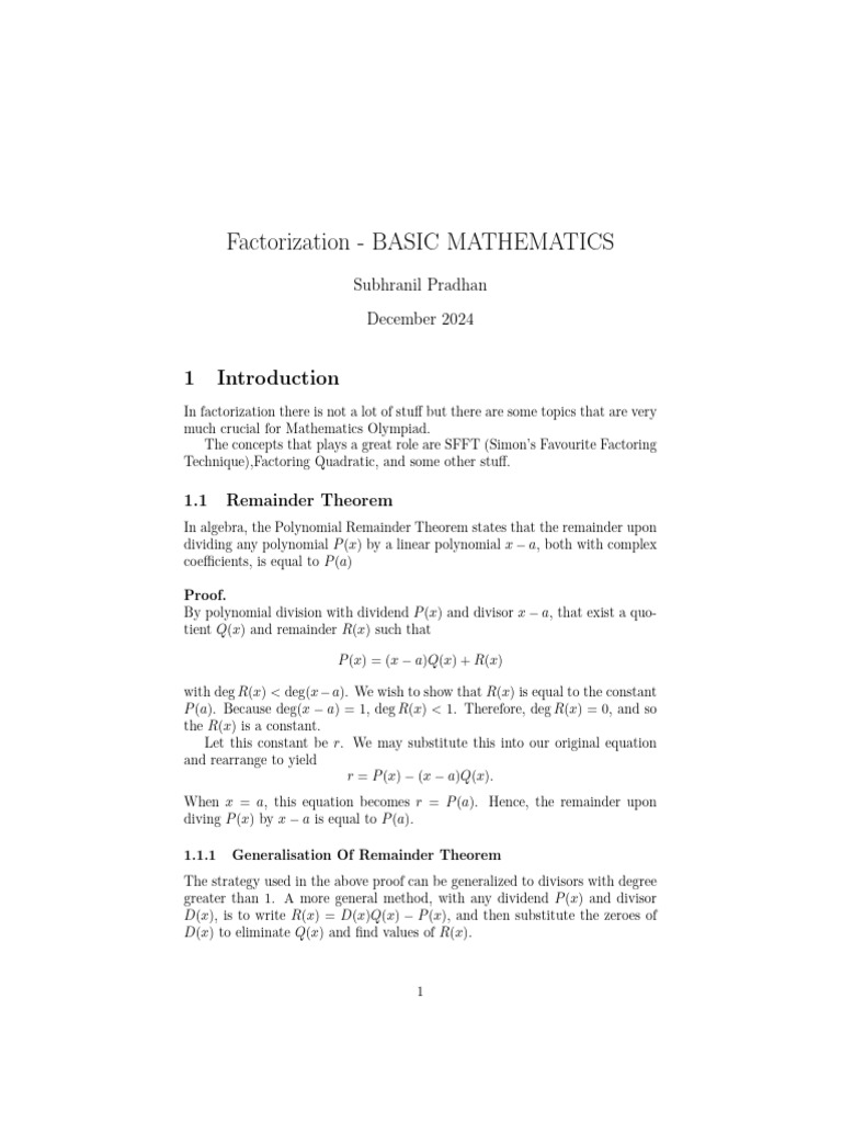 Factorization Basic Matematics Handouts Subhranil Pradhan Pdf