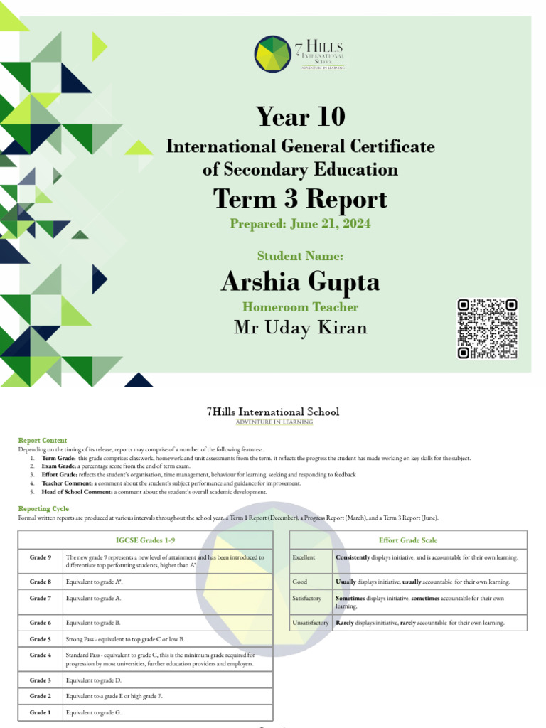 Year 10 IGCSE Term 3 Report 2023-2024 - Arshia Gupta | PDF | Teachers | Force