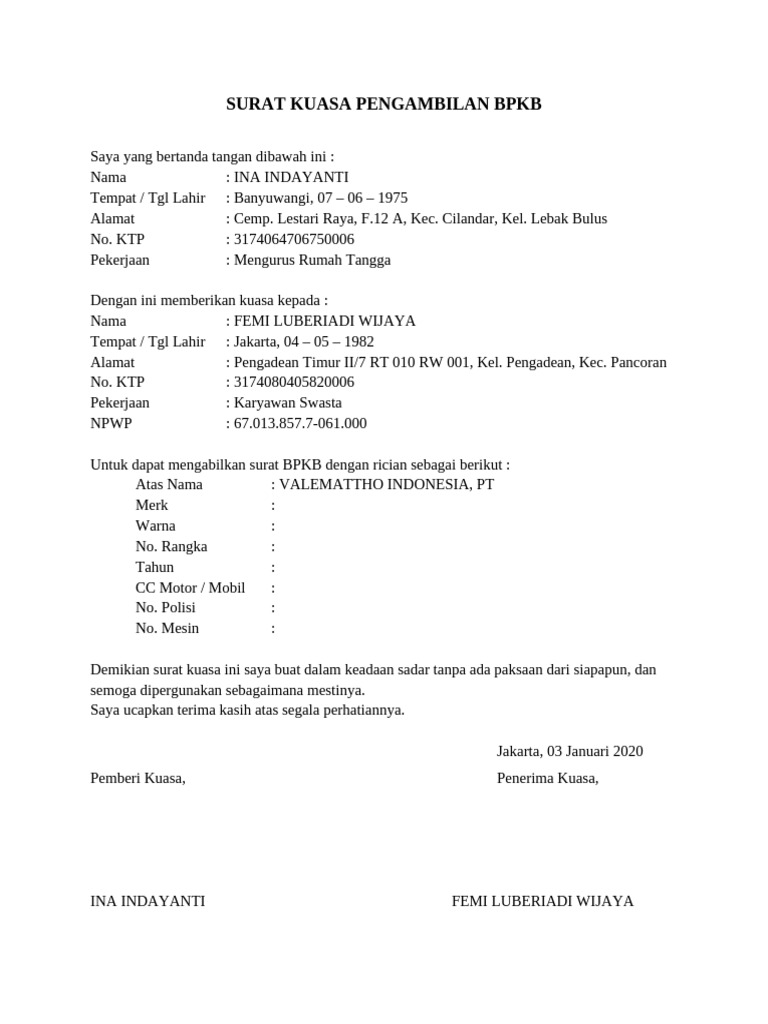 Surat Kuasa Pengambilan BPKB | PDF