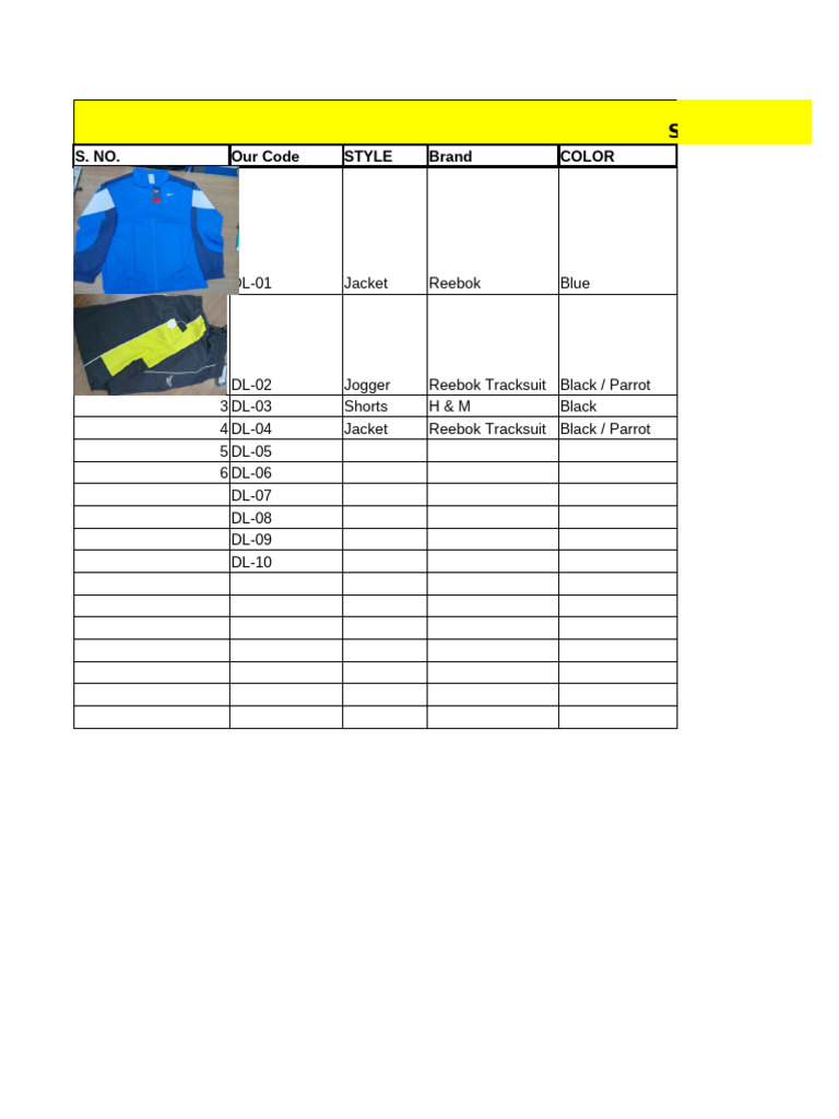 Reebok Tracksuit Sample Garments List | PDF