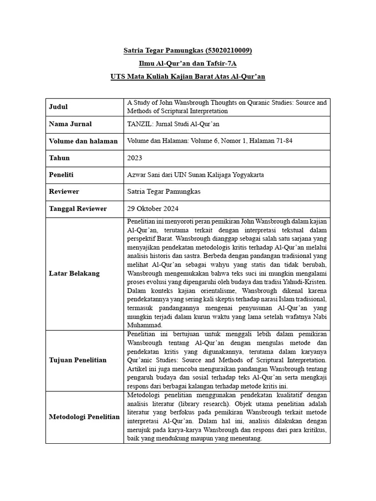 Satria Tegar Pamungkas - UTS Mata Kuliah Kajian Barat Atas Al-Qur'an | PDF