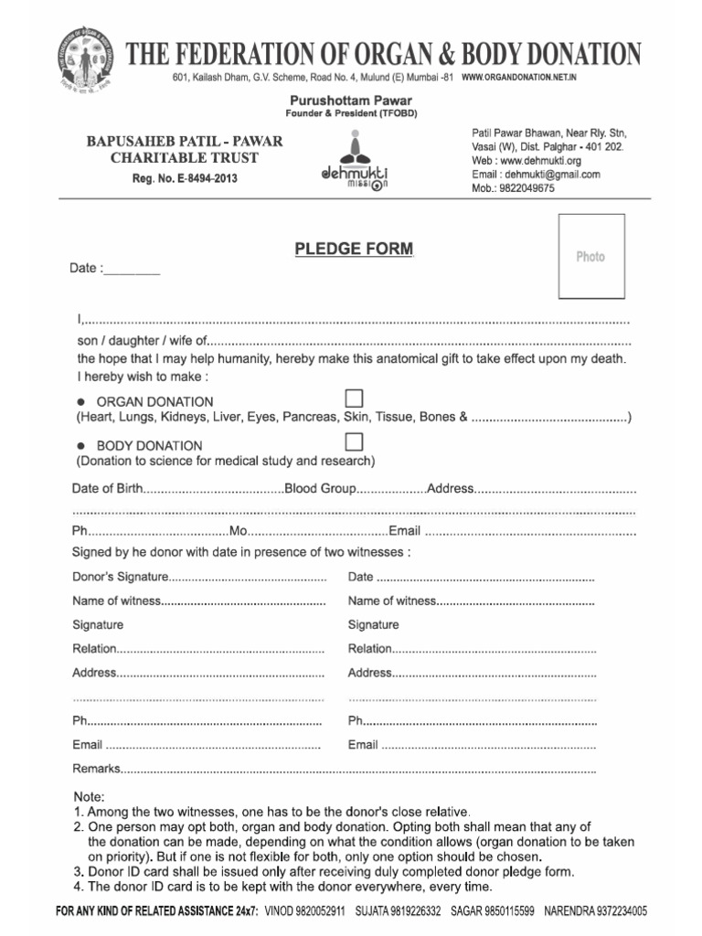 Tfbod Dehmukti Pledge Form Single Page Rev 01102024 | PDF