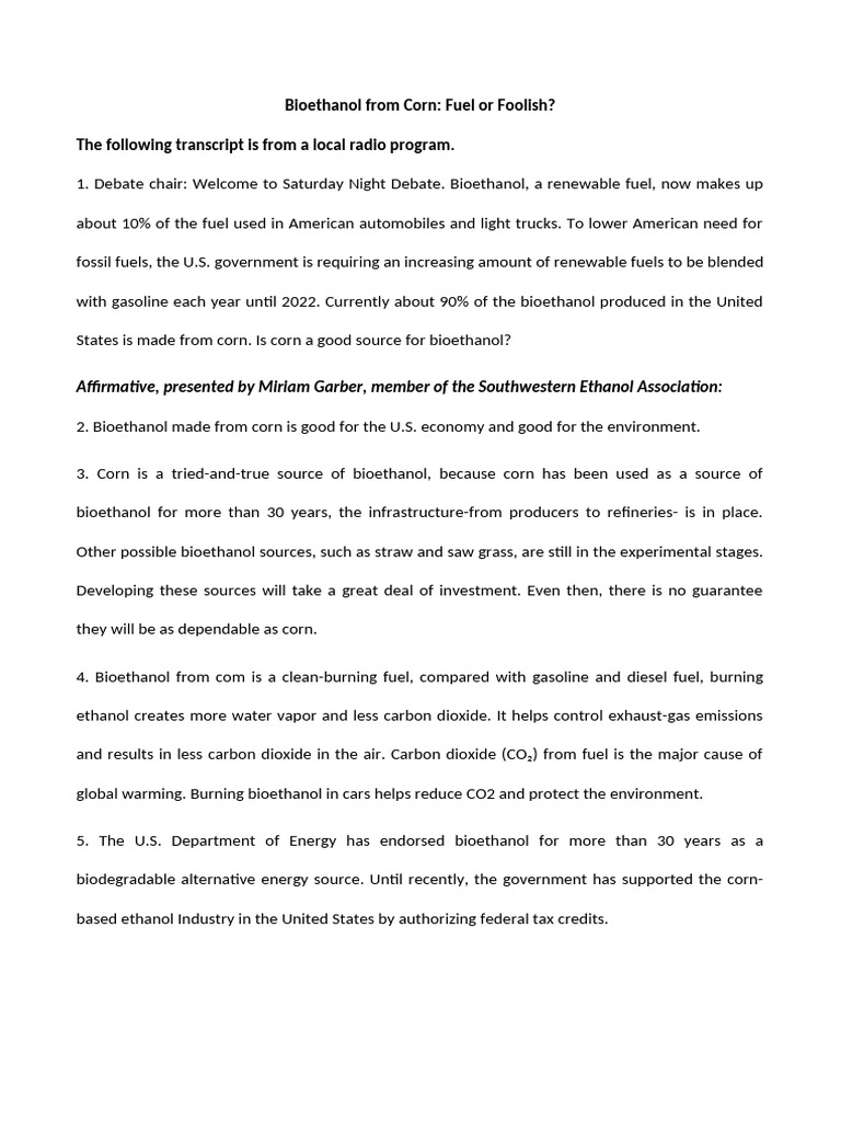 Bioethanol from Corn: Pros and Cons | PDF | Biofuel | Gasoline