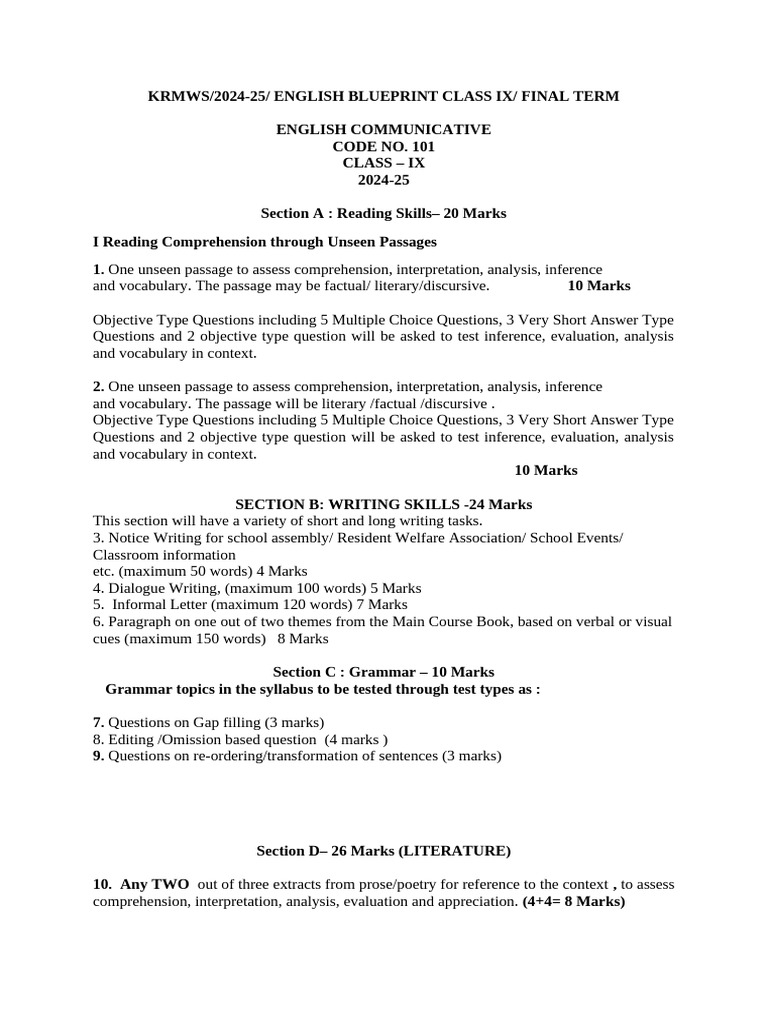 Class 9 English Blueprint 2024-25 | PDF | Reading Comprehension | Cognition