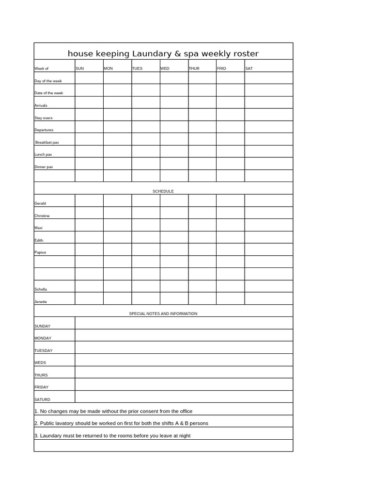 Housekeeping Weekly Roster | PDF