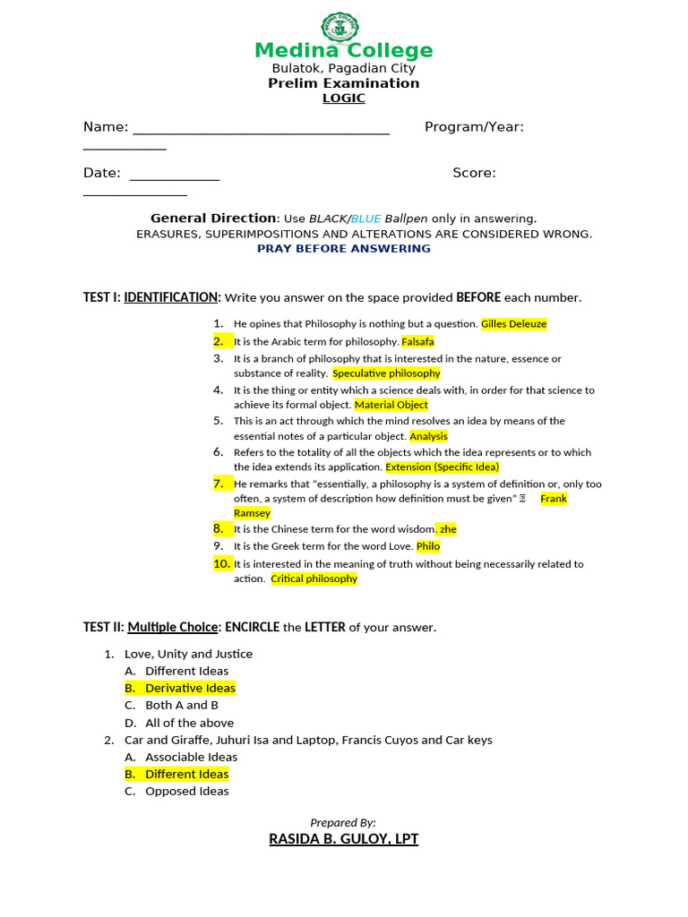 Logic Prelim Exam Answer Key | PDF | Idea | Logic