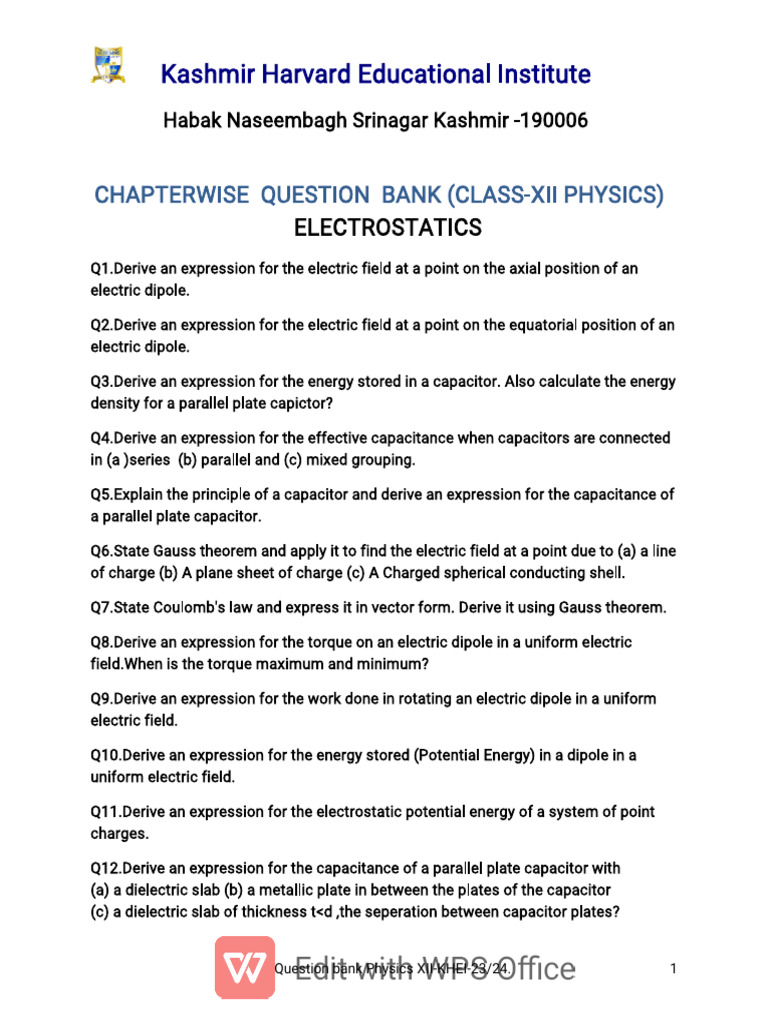 Question Bank-12 Physics - 241217 - 181421 | PDF | Capacitor | Capacitance
