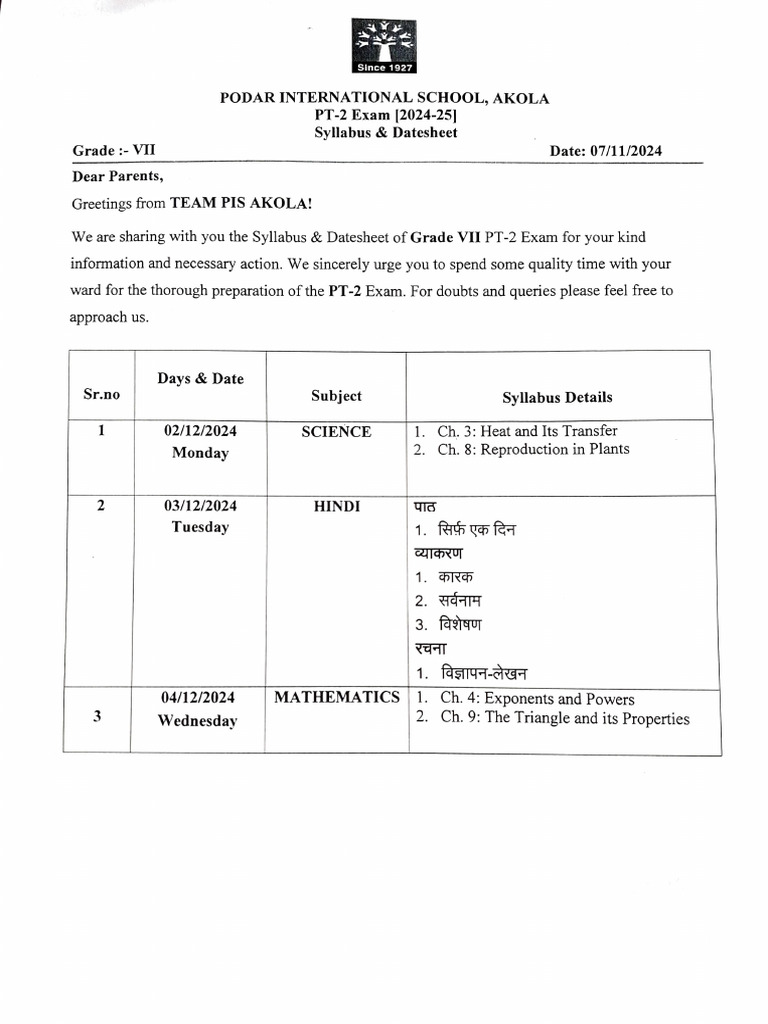 Class VII-PT 2 Date Sheet and Syllabus | PDF | Linguistic Morphology ...