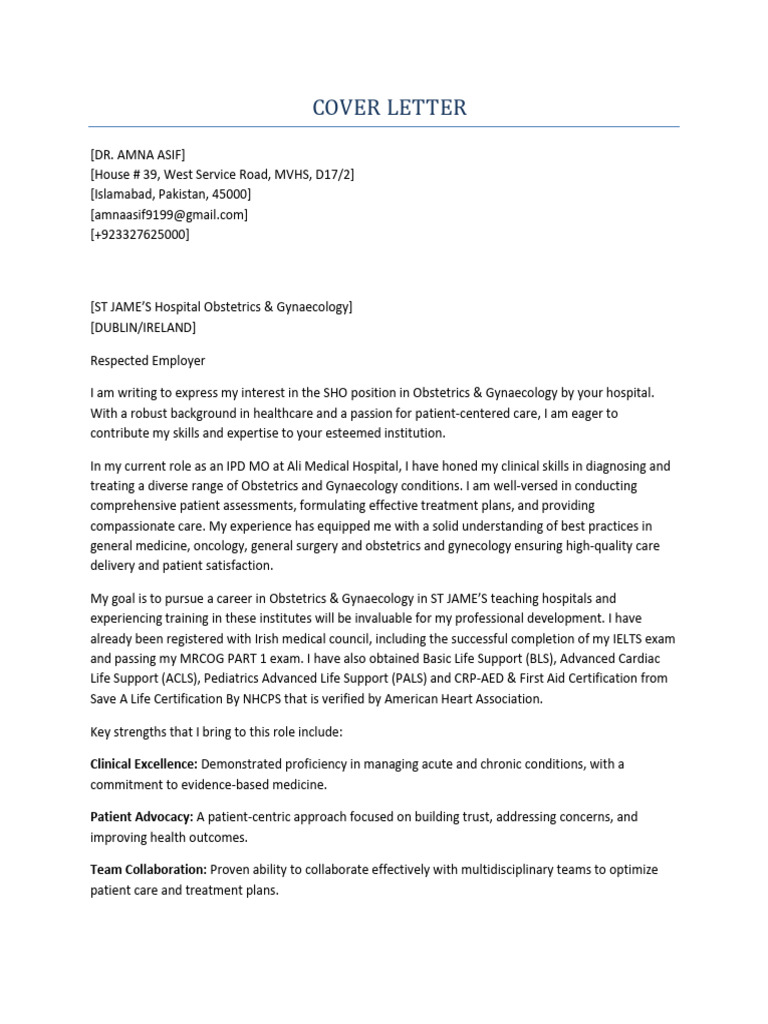 COVER LETTER Obstetrics and Gynaecology ST | PDF | Gynaecology | Health ...