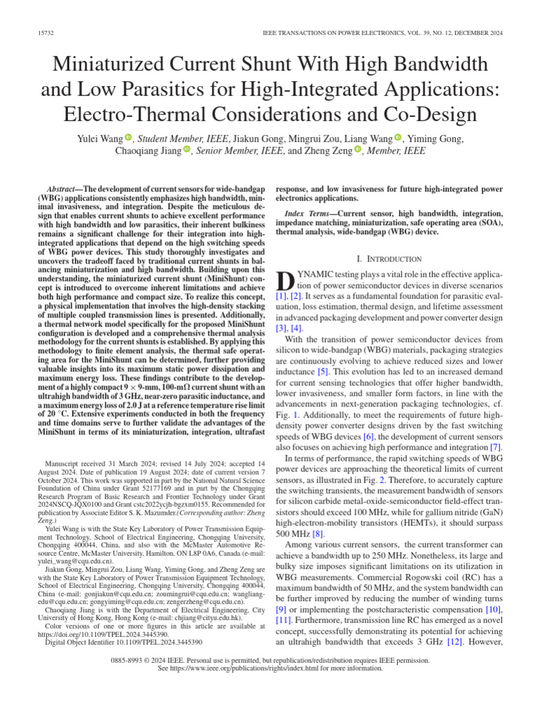 Miniaturized Current Shunt With High Bandwidth and Low Parasitics For ...