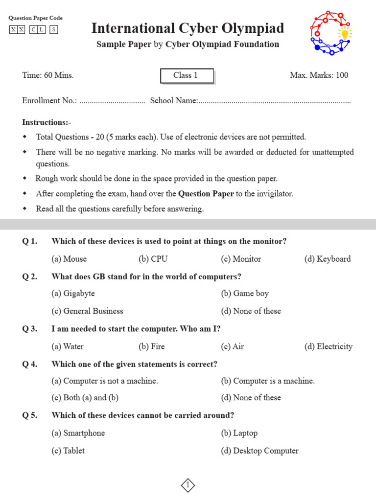 COF Sample Paper - Class 1 | PDF | Computer Keyboard | Tablet Computer