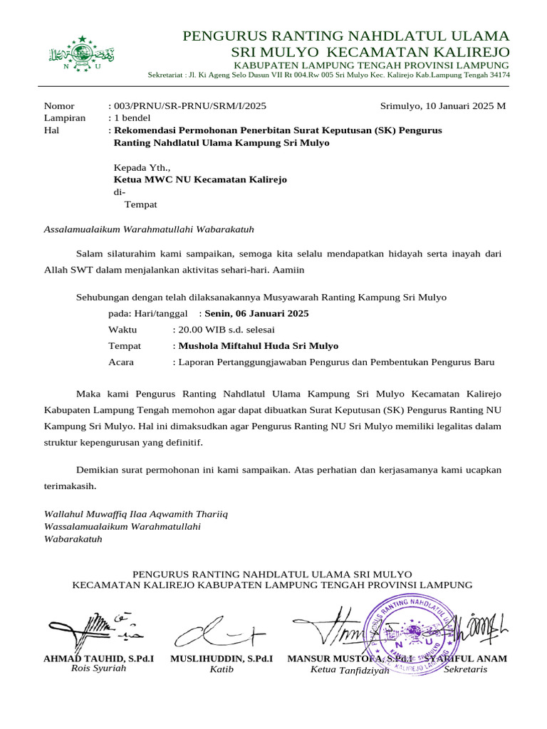Rekomendasi Permohonan Penerbitan SK PRNU Srimulyo | PDF