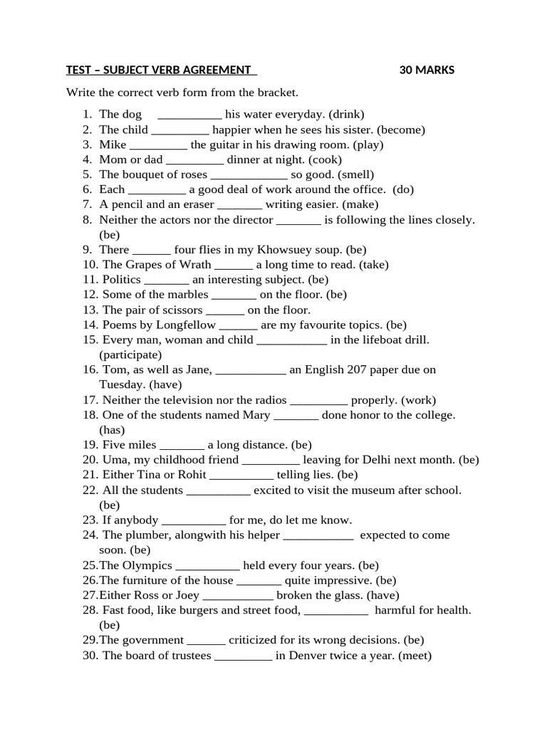 TEST - Subject-Verb-Agreement | PDF