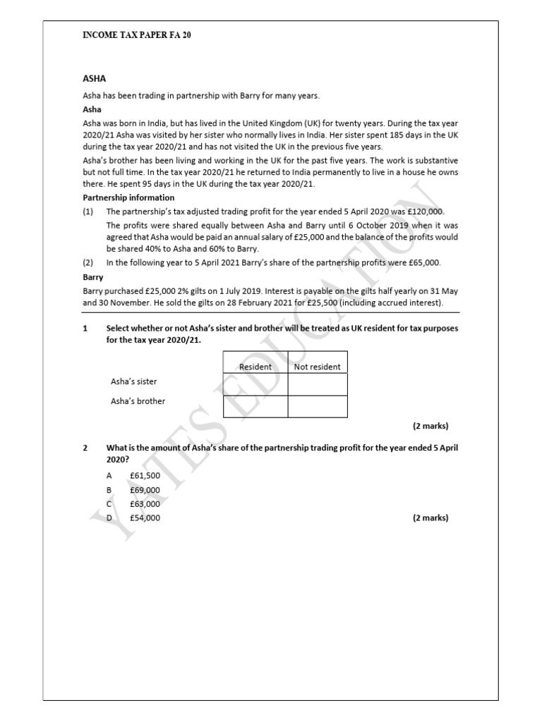 F6 TX Income Tax Mock Question FA 20 | PDF | Taxes | Capital Gain