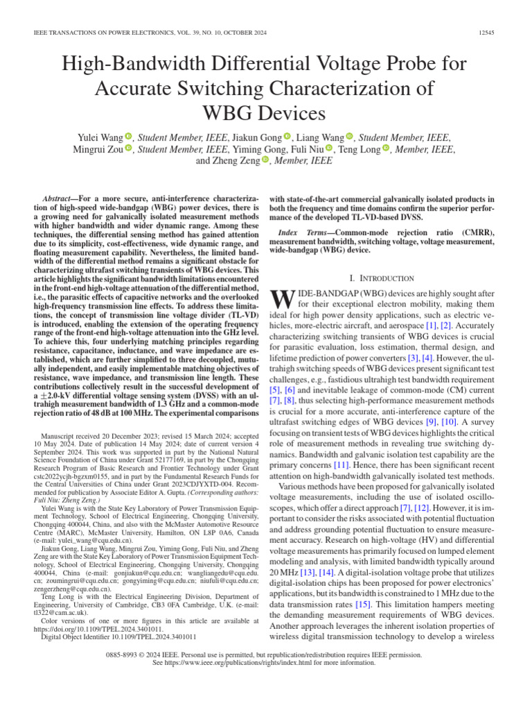 High-Bandwidth Differential Voltage Probe for Accurate Switching Characterization of WBG Devices ...