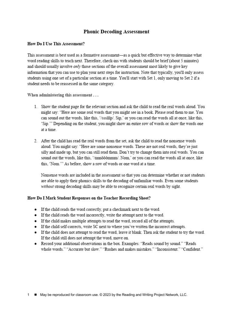 Phonic Decoding Assessment | PDF | Phonics | Learning