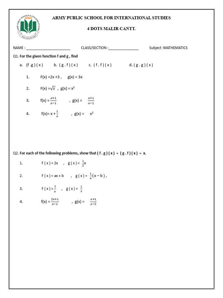 Mathematics Composite Functions Worksheet | PDF