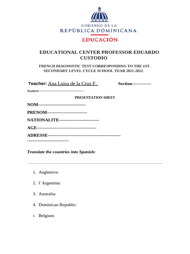 French Diagnostic Test 2021-2022 | PDF
