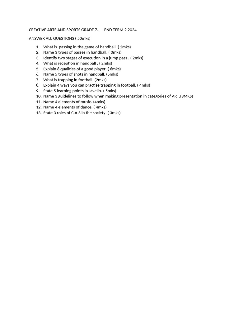 Grade 7 Creative Arts & Sports Exam 2024 | PDF