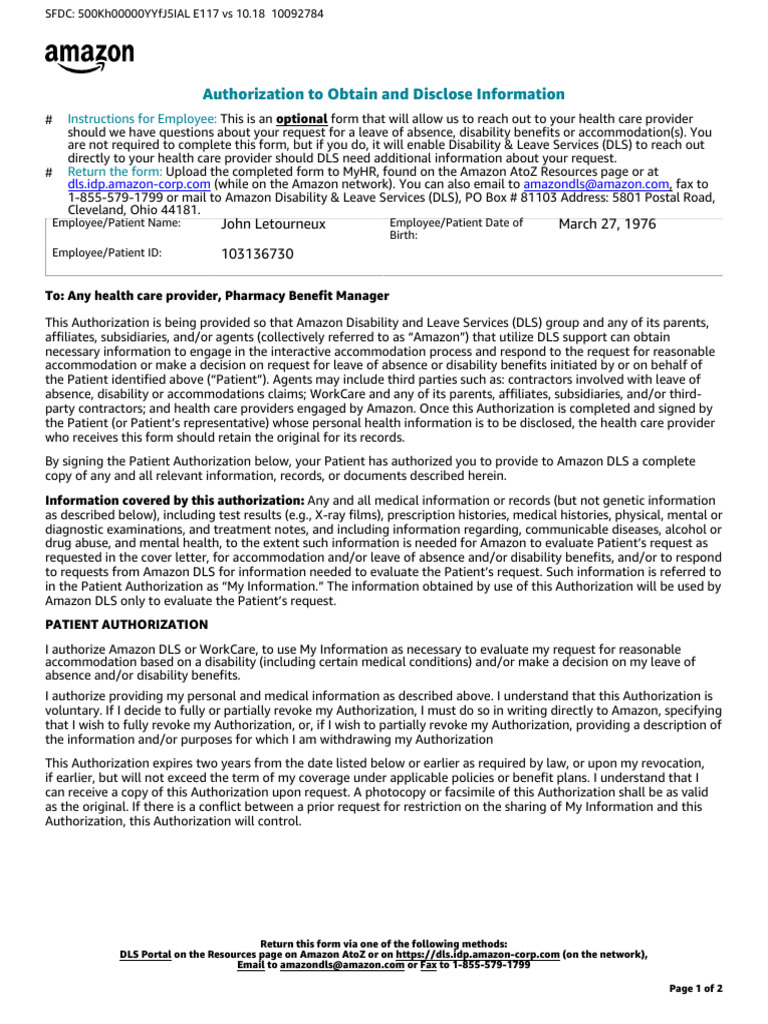 Amazon DLS Healthcare Authorization Form | PDF | Disability | Health ...