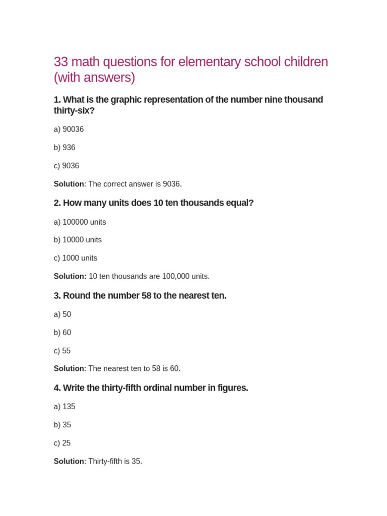 33 Elementary Math Questions & Answers | PDF | Mathematics | Numbers