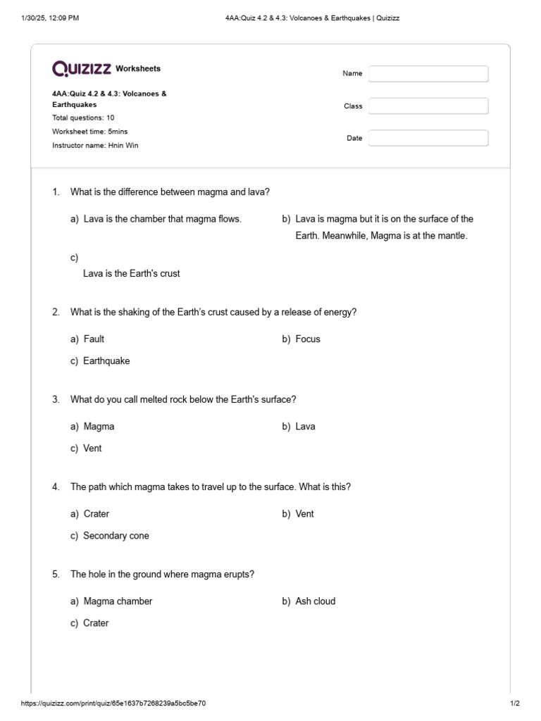 4AA - Quiz 4.2 & 4.3 - Volcanoes & Earthquakes - Quizizz | PDF ...