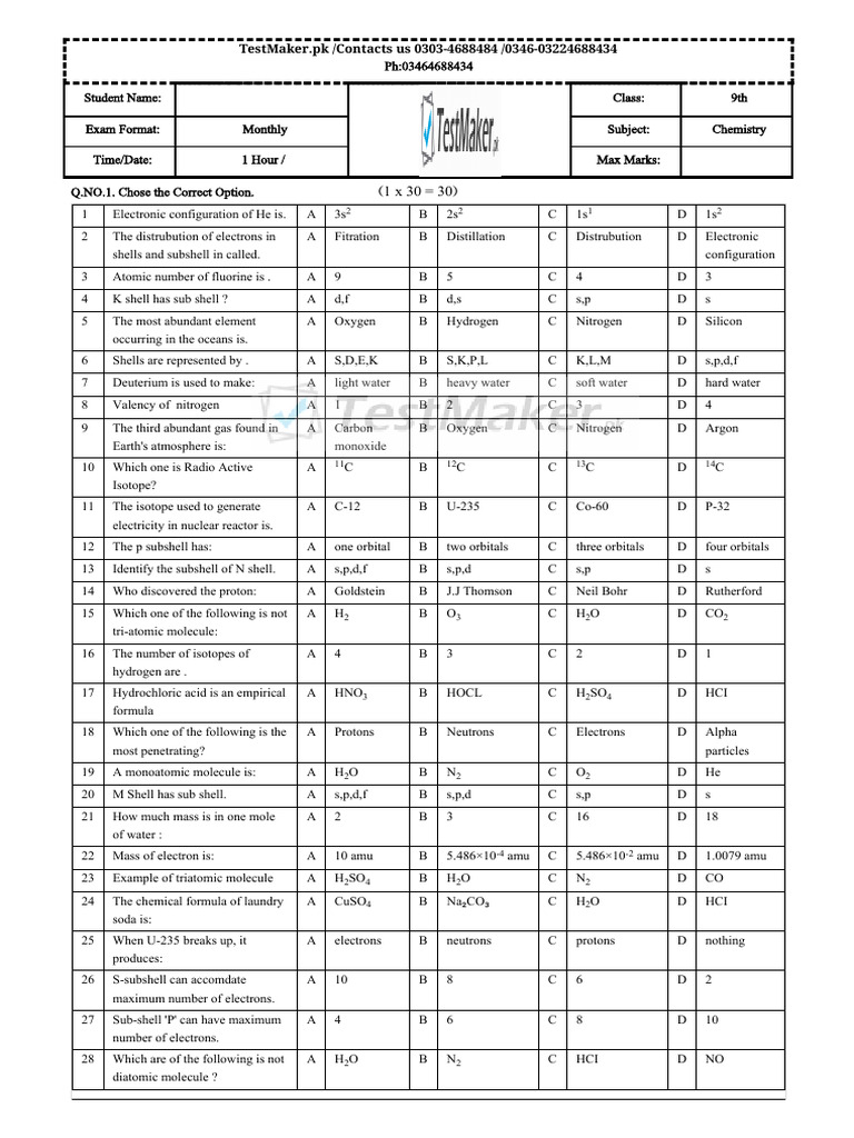9th Chem Mcqs 2 c | PDF | Electron Configuration | Nitrogen