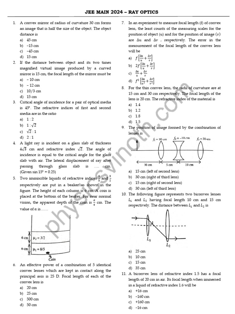 Ray optics JEE 2024 qp with solutions_watermark | PDF | Atomic ...