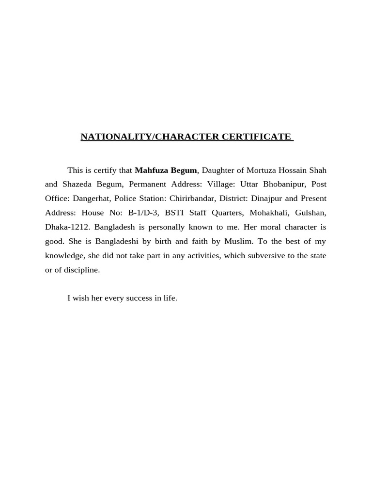 Nationality-Character Certificate | PDF | Bangladesh