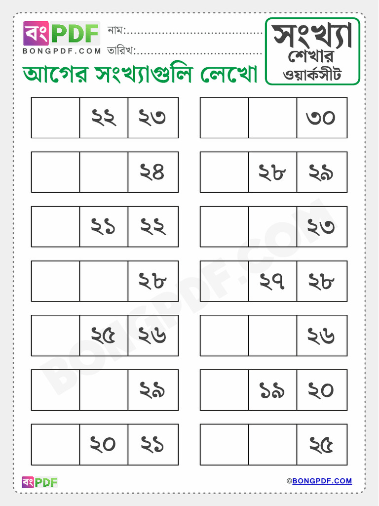 Write Before Numbers Bengali Worksheet 3 | PDF
