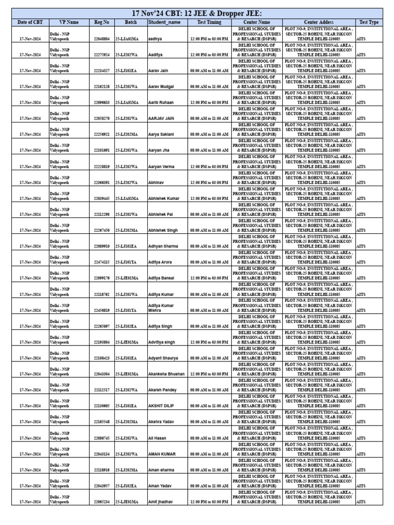 JEE AITS Exam Schedule - Nov 2024 | PDF