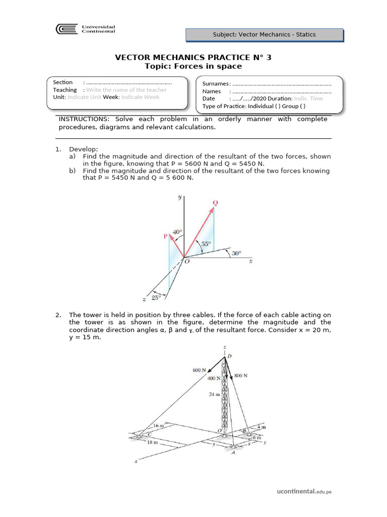 Vector Mechanics Exercises | PDF | Force | Euclidean Vector